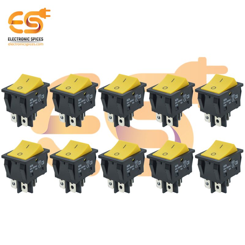 30A 250V Ac Dpst On - Off Yellow Color 4 Pin Rocker Switch Pack of 10.