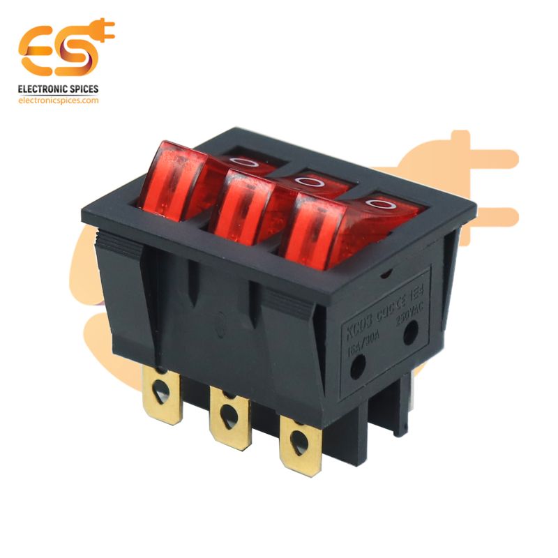 Buy KCD3 16A/30A 250V 9-Pin 3-Way SPST Plastic Rocker Switch with Red Indicator - Pack of 2